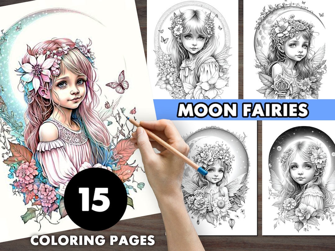 15 Beautiful Moon Fairy Grayscale Coloring Pages Adult - Etsy