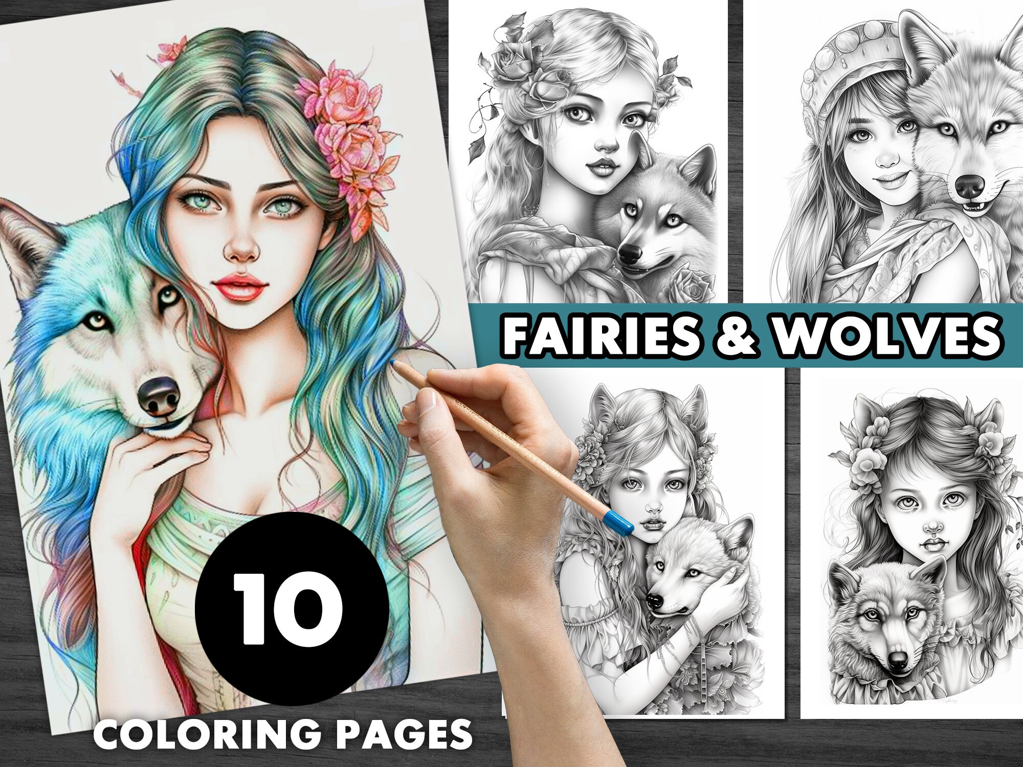 10 Wolf Fairies Beautiful Fairy Grayscale Coloring Pages Adult Coloring ...