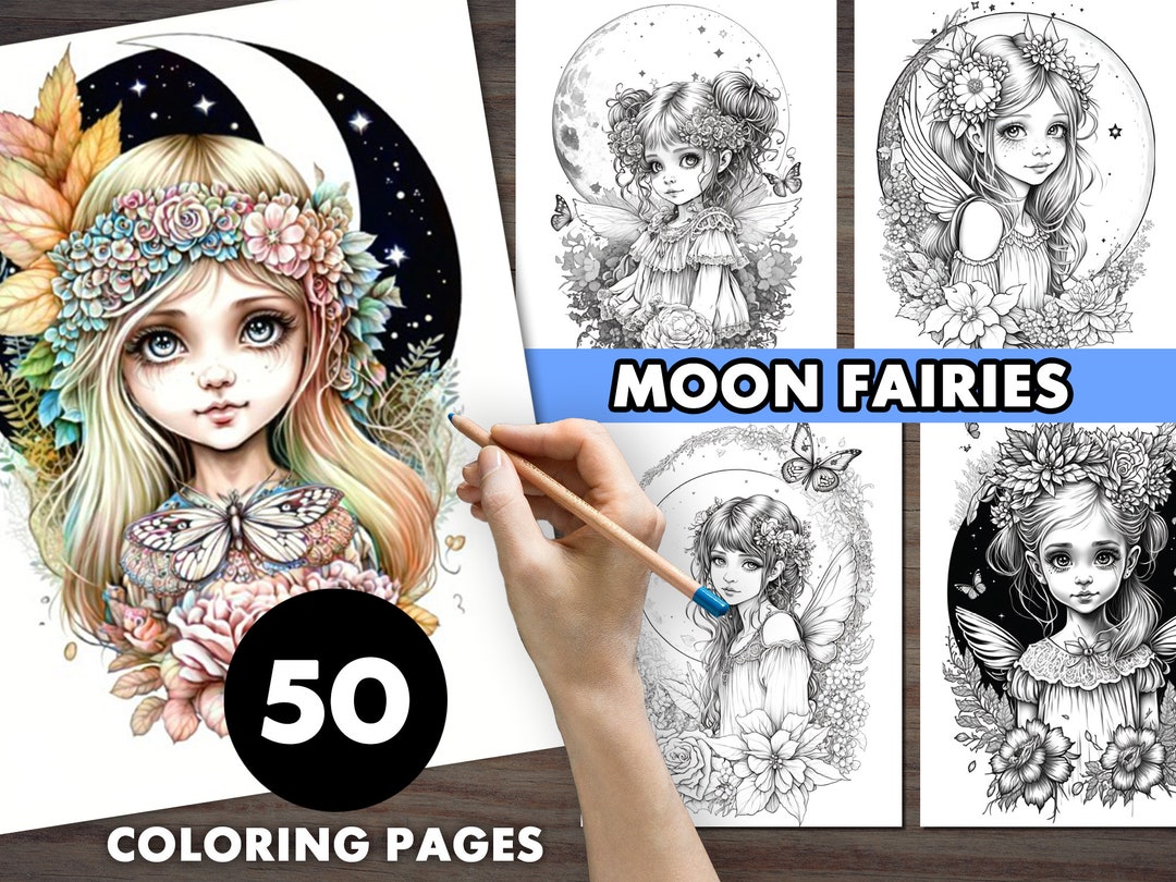 50 Beautiful Moon Fairies Grayscale Coloring Pages Adult Coloring Pages ...