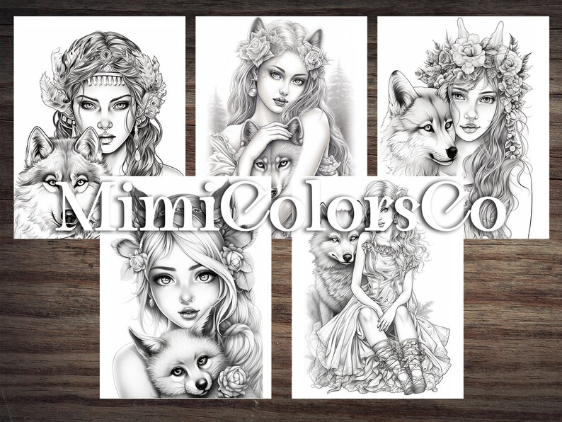 10 Wolf Fairies Beautiful Fairy Grayscale Coloring Pages Adult Coloring ...
