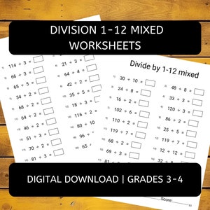 Math Beginner Division Worksheets | Digits 1-12 Grades 3-4 - Etsy
