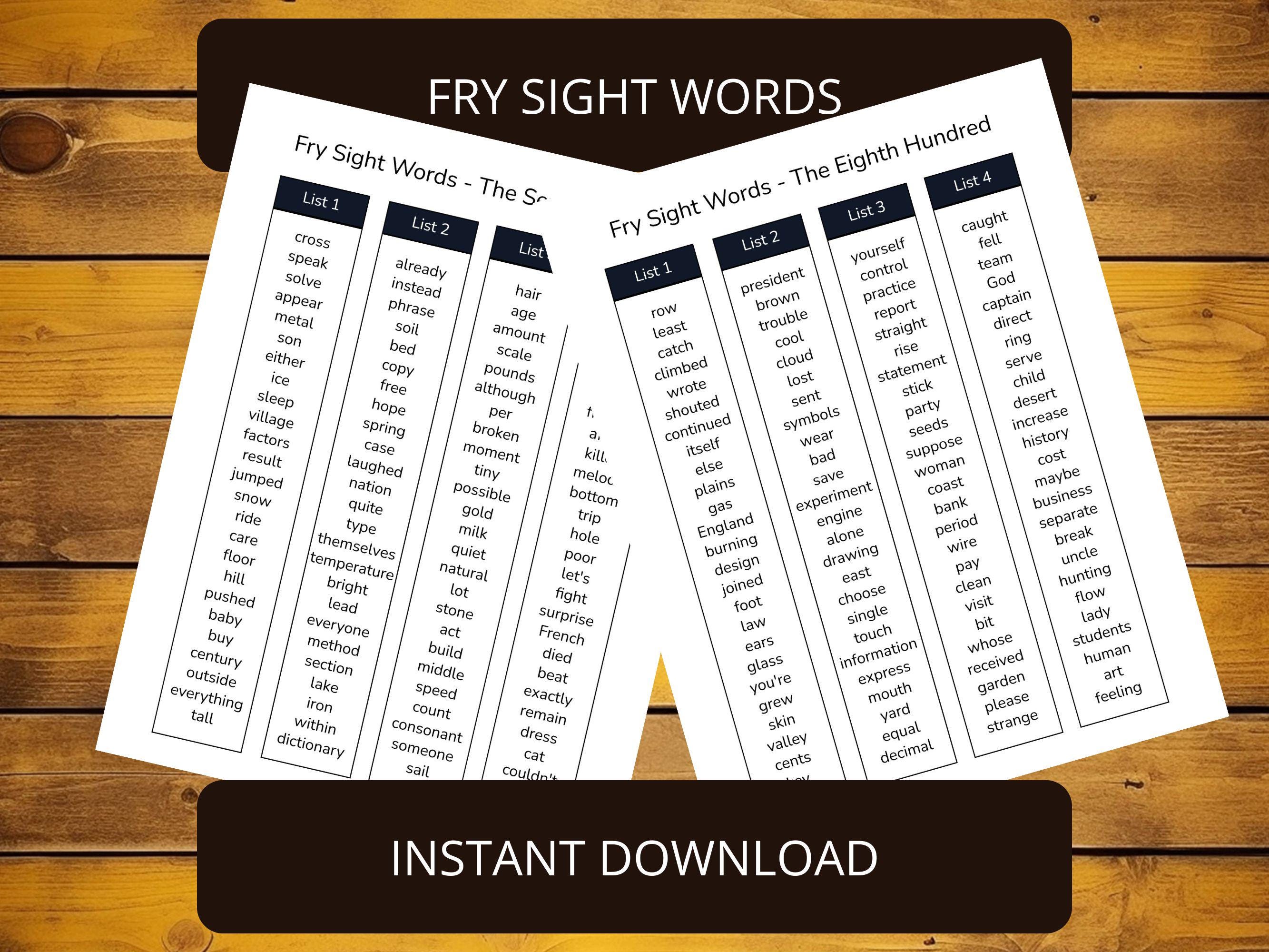 1000 Fry Sight Words Printable | High Frequency Words | Learn Spelling ...