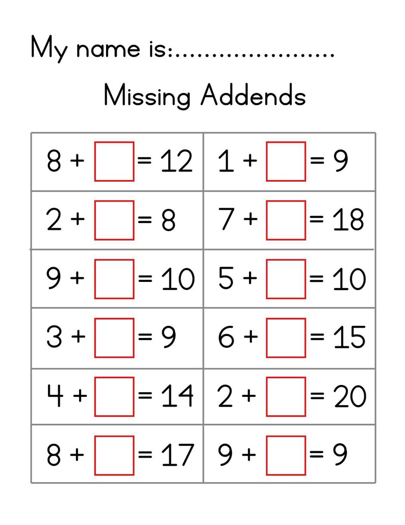 Addition and Subtraction Worksheets Zero to Twenty Kindergarten Math Practice Missing Addends ...