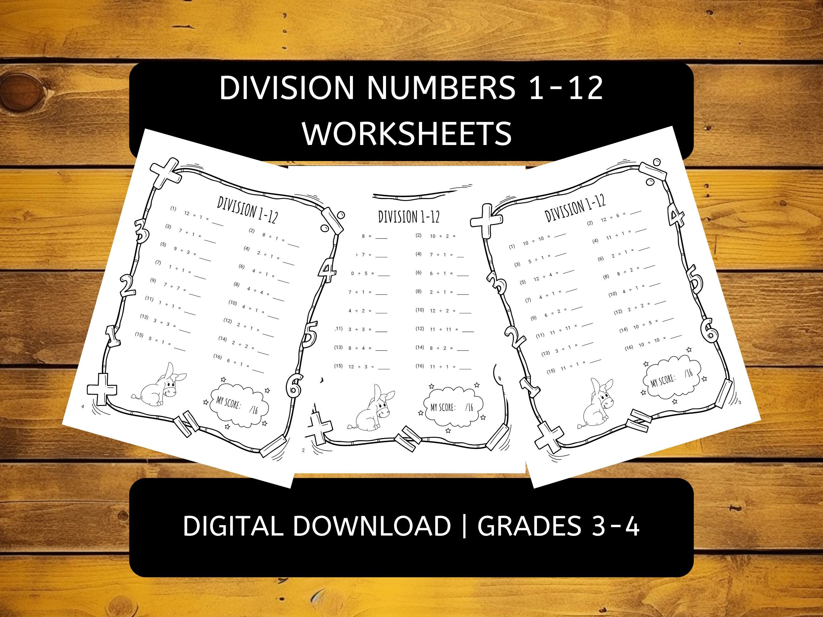 Math Division Worksheets Numbers 1-12 for Grades 3-4 - Etsy