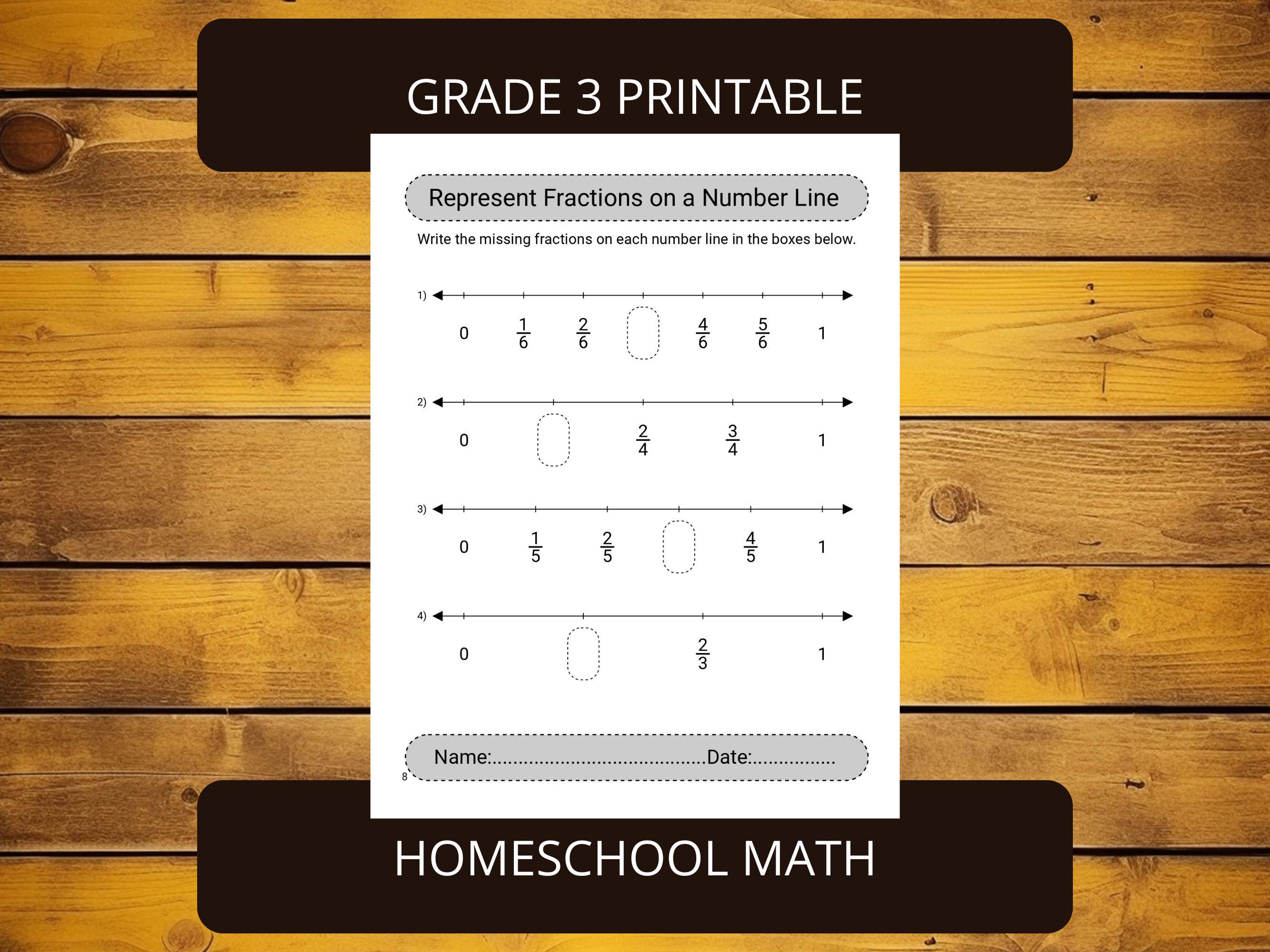 Math Fractions Number Line Worksheets Grade 3 | Write Missing Fractions ...