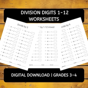 Math Beginner Division Worksheets | Digits 1-12 Grades 3-4 - Etsy