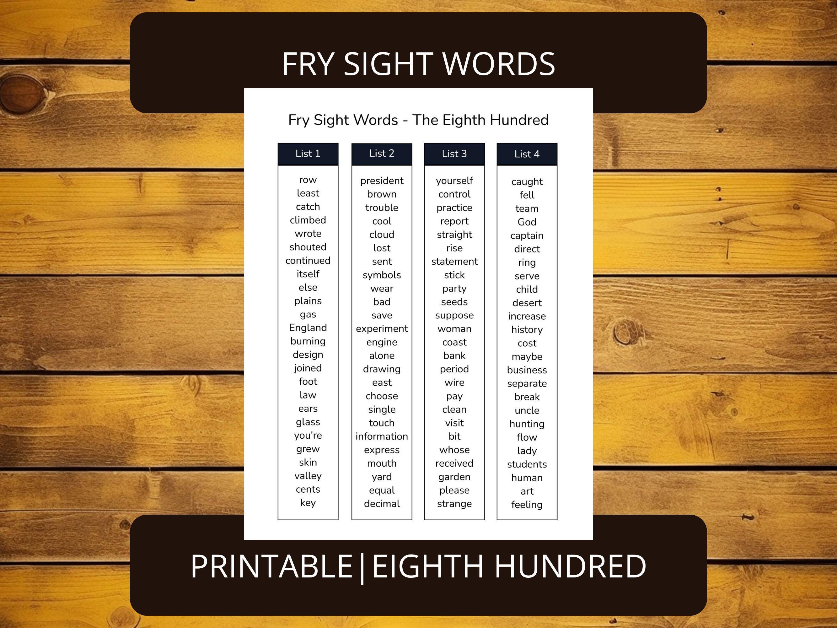 Fry Sight Words Flashcards Printable Eighth Hundred | High Frequency ...