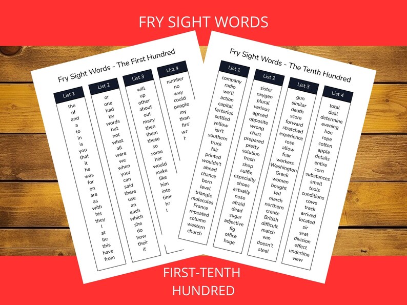 Fry Sight Words Flashcards Printable Bundle First-tenth Hundred | High ...
