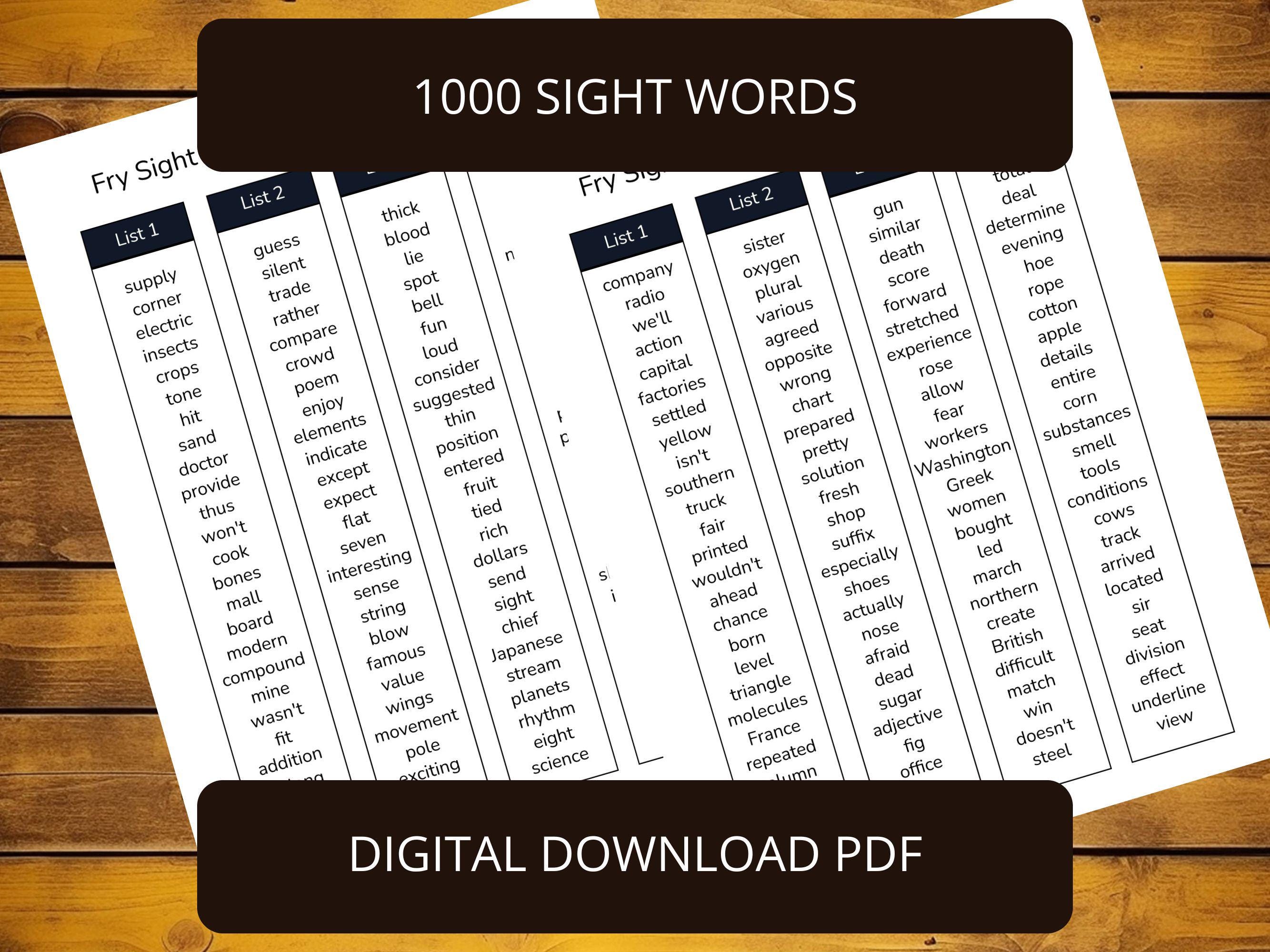 1000 Fry Sight Words Printable | High Frequency Words | Learn Spelling ...