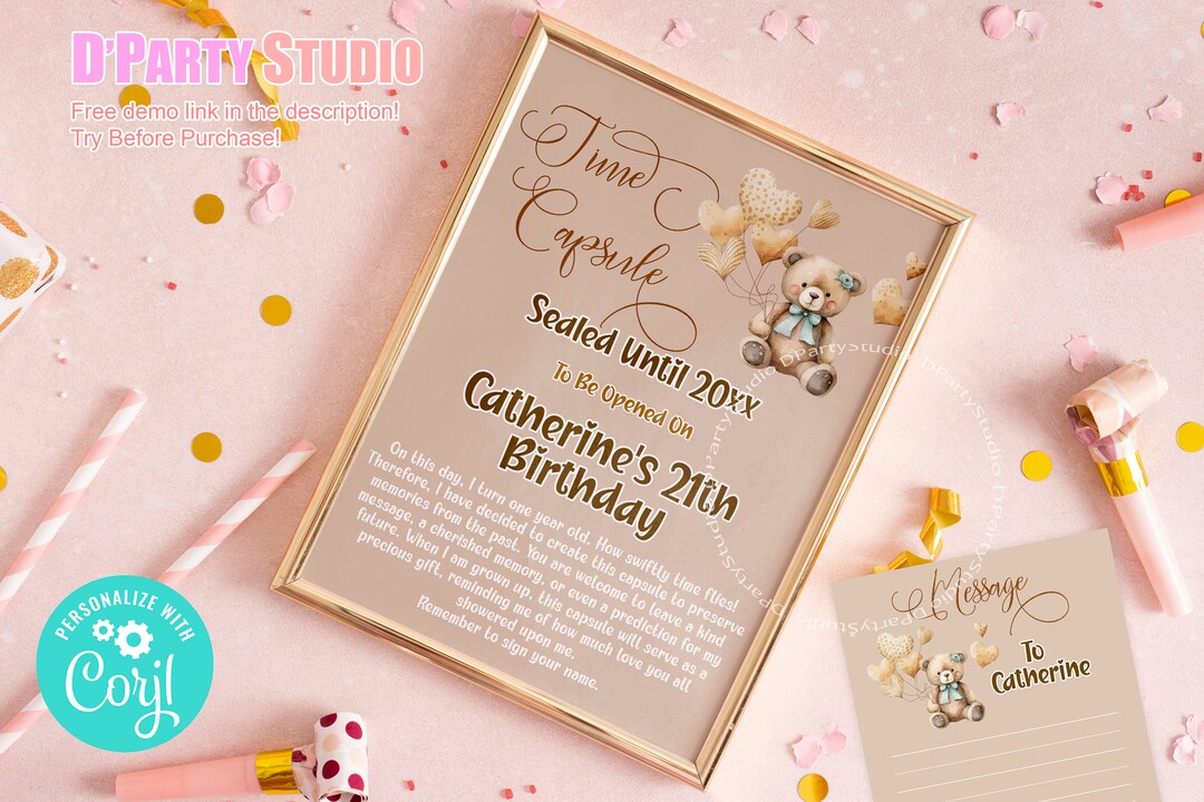 Editable Teddy Bear Time Capsule First Birthday Party Bearly - Etsy