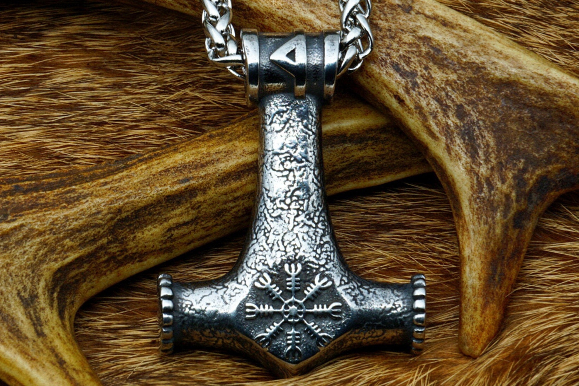 Thor Hammer Pendant Thor's Hammer Necklace With Helm of Awe Viking ...