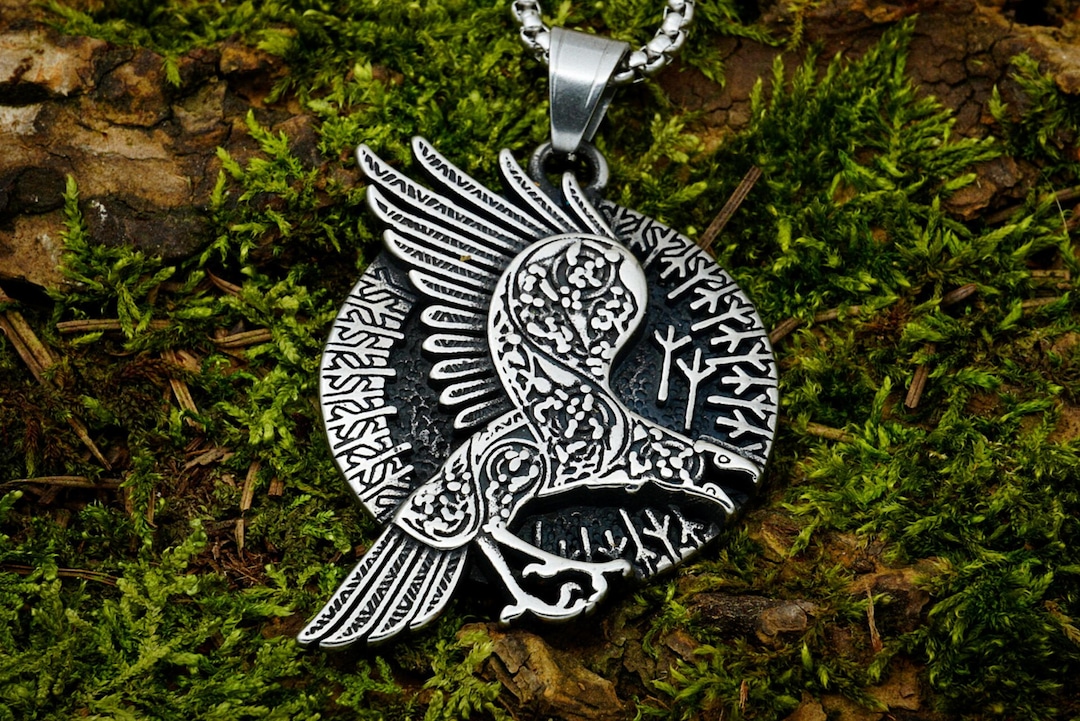 Raven Necklace, Runes Pendant, Life Rune, Death Rune, Algiz, Huginn and ...