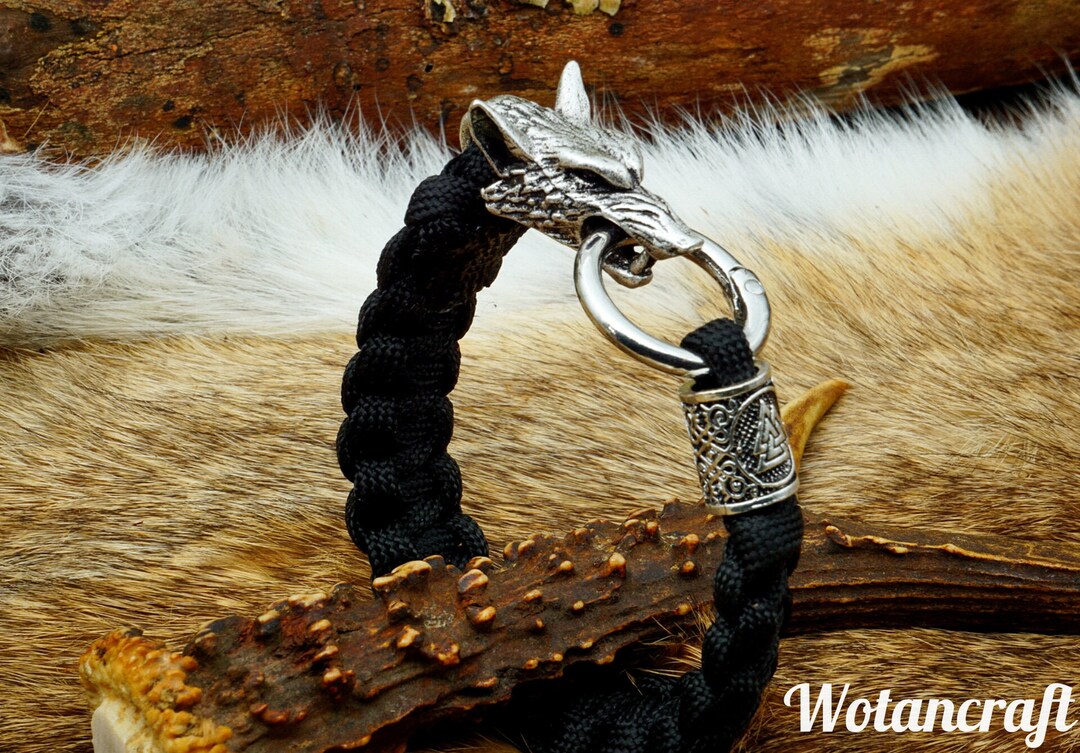 Wolf Head Bracelet, Black Paracord Bangle, Fenrir Circlet Norse Armlet ...