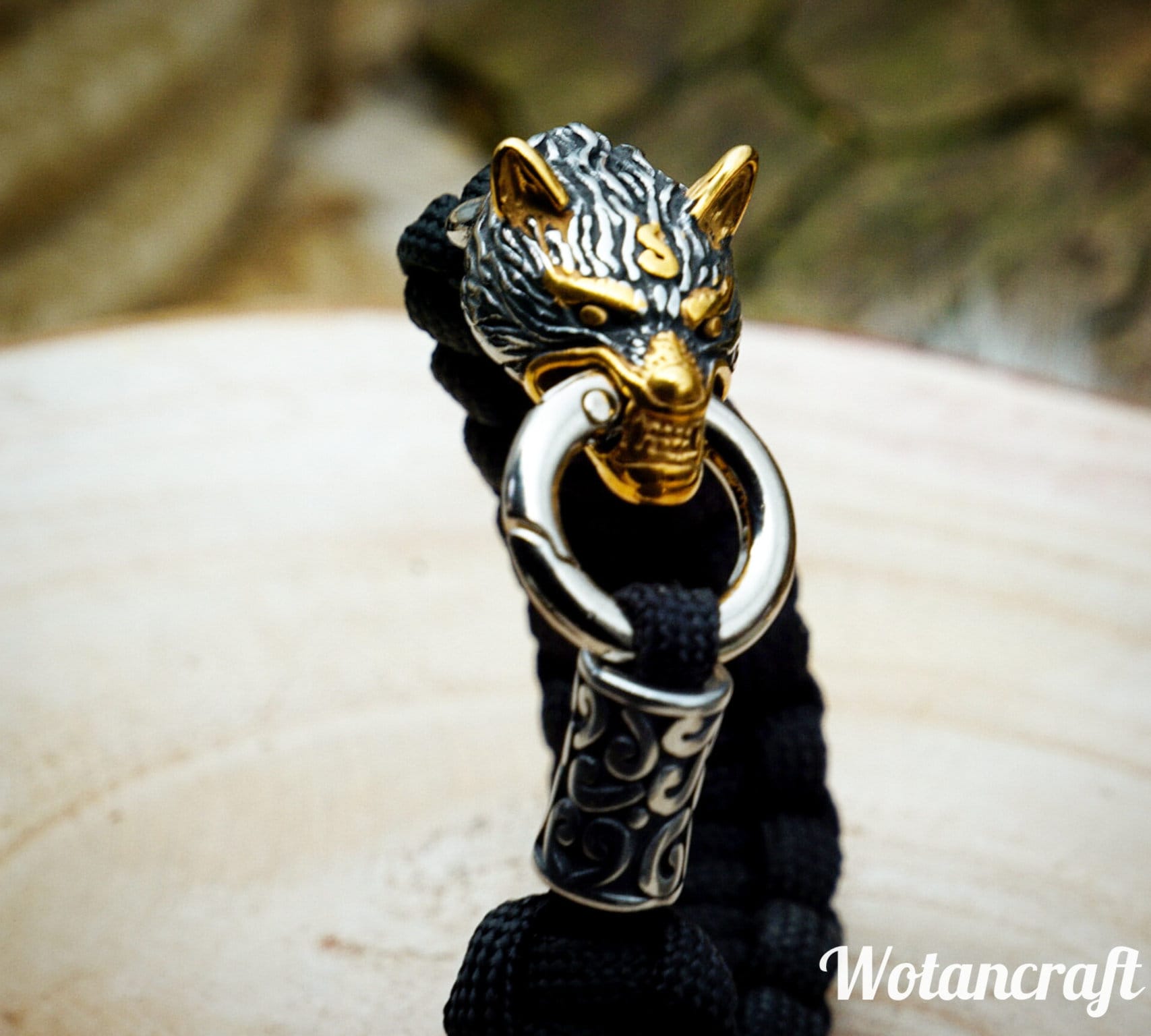 Wolf Head Bracelet: Black Paracord Bangle, Fenrir Circlet Norse Armlet ...