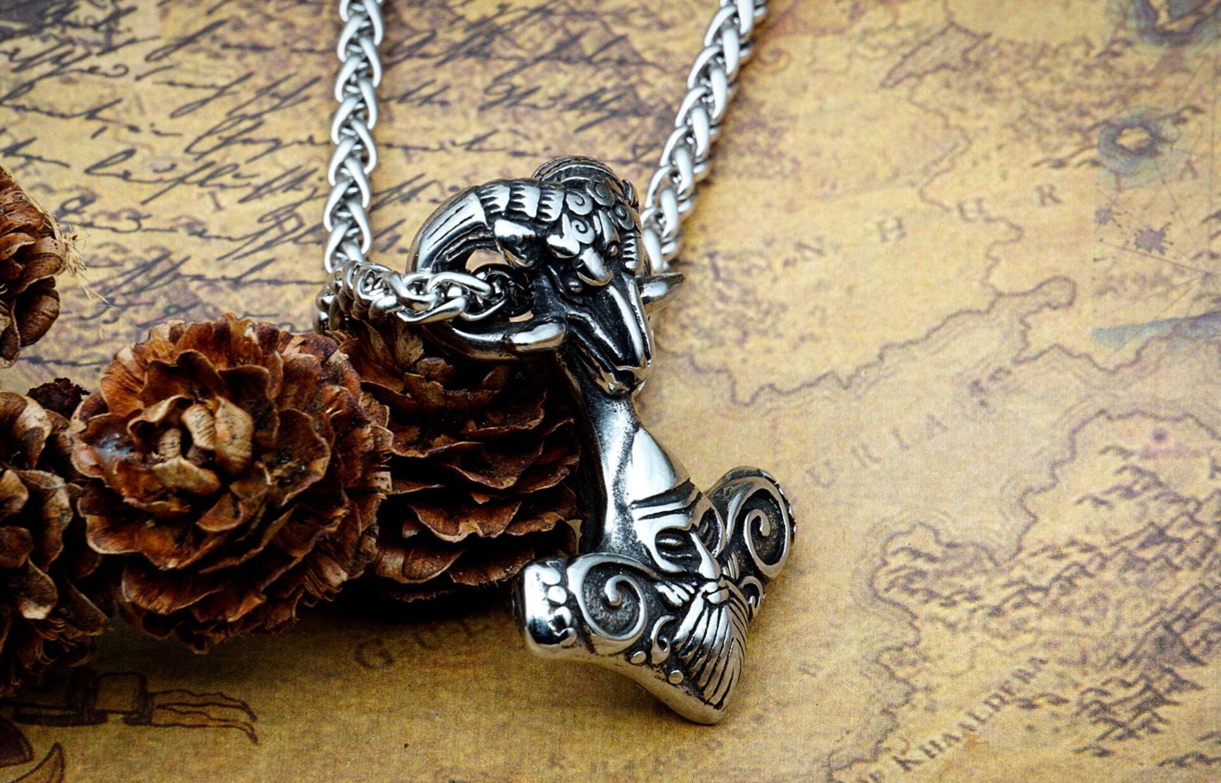 Thor Hammer Pendant - Viking Necklace - Mjolnir With Thor's Ram ...