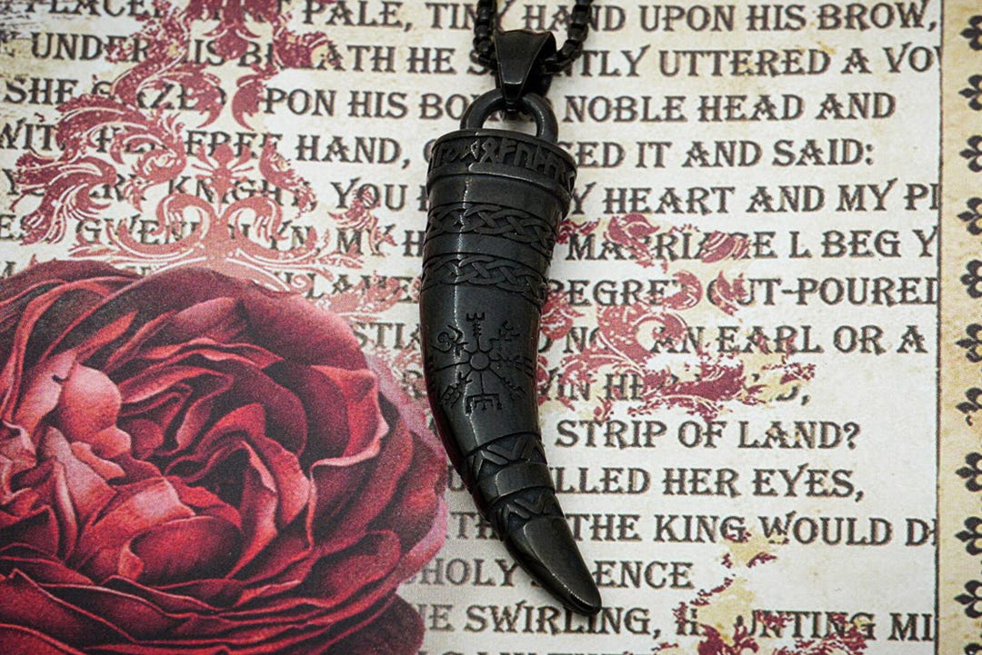 Viking Horn Pendant, Black Drinking Horn Necklace, Viking Compass ...