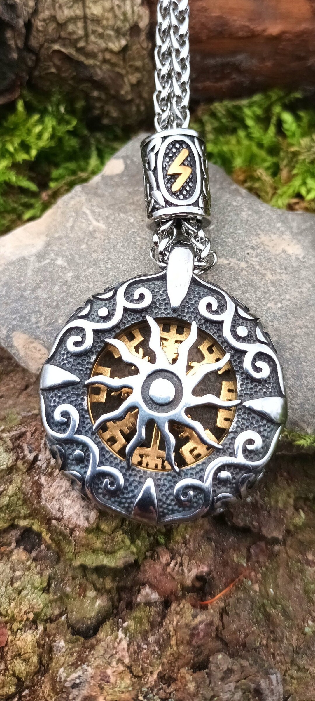 Viking Compass Pendant Sun Wheel Amulet Unique Pagan Jewelry Nordic 3D ...