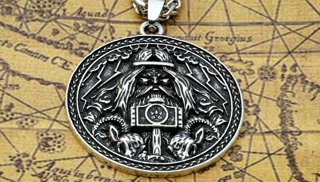 Viking Necklace Thor Amulet Nordic Pendant Lightning Mjolnir Ram Silver ...