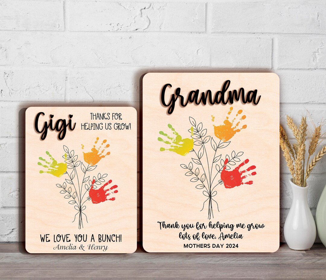Personalized Handprint Flower Bouquet Plaque, Custom Name Wooden Sign ...