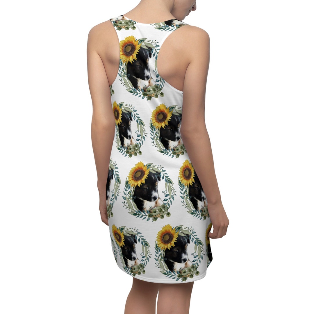 Cute Puppy With Greenery and Sunflowers Women's Printed Racerback Dress ...