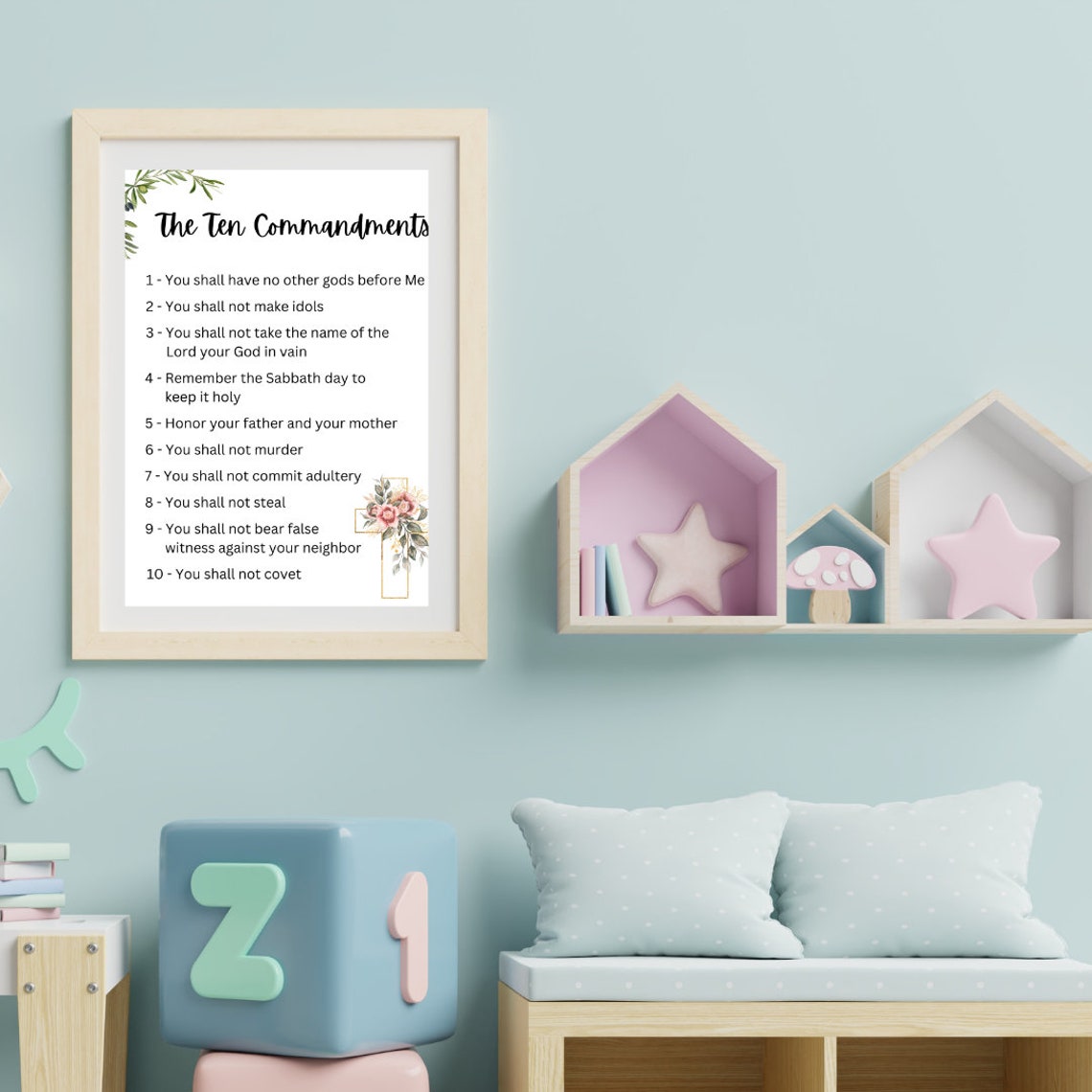 The 10 Commandments Wall Art, Girls Pink and Green Scripture, Christian ...