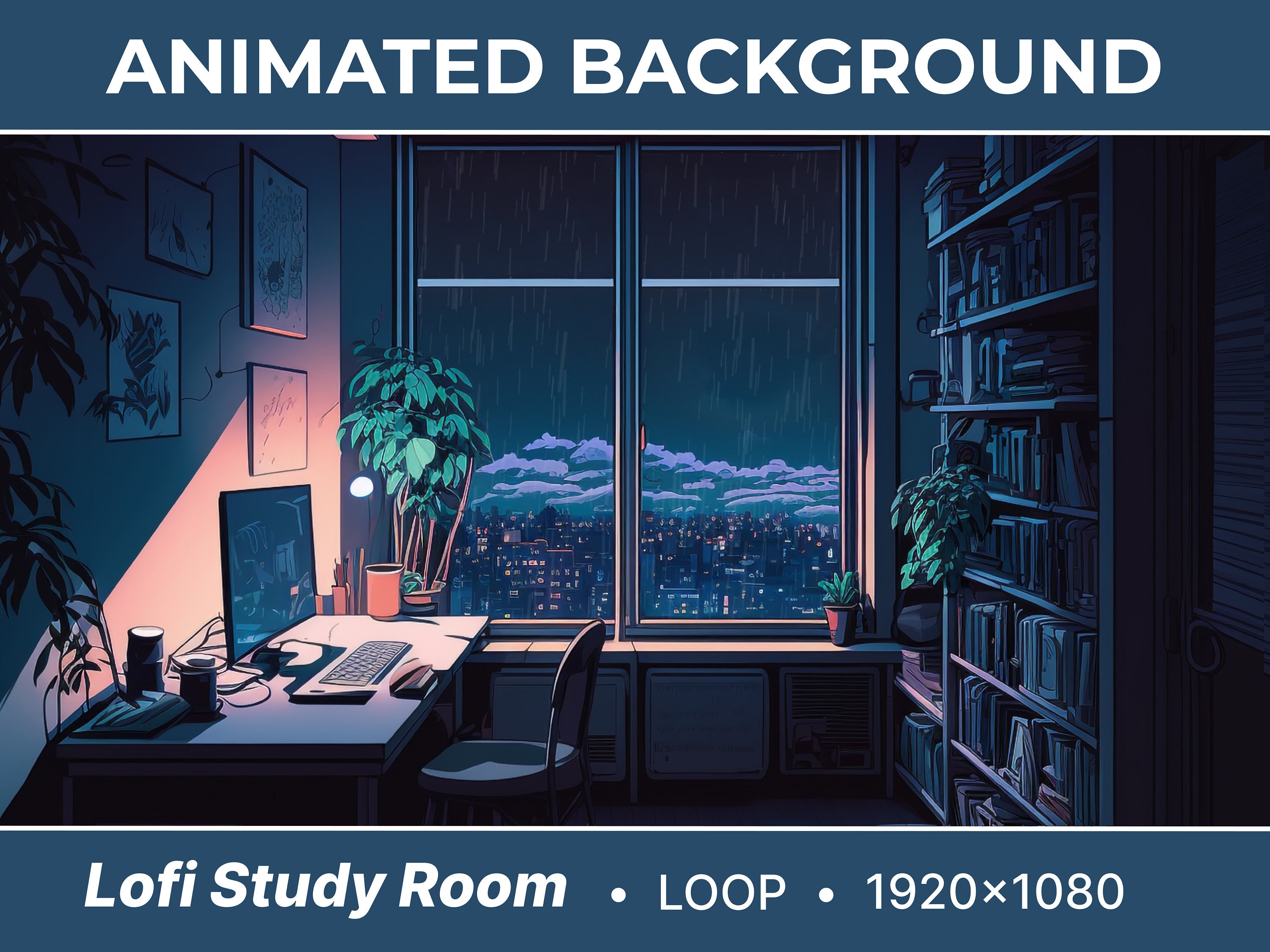 Animated Virtual Background Rainy Study Room Looped Vtuber Background ...