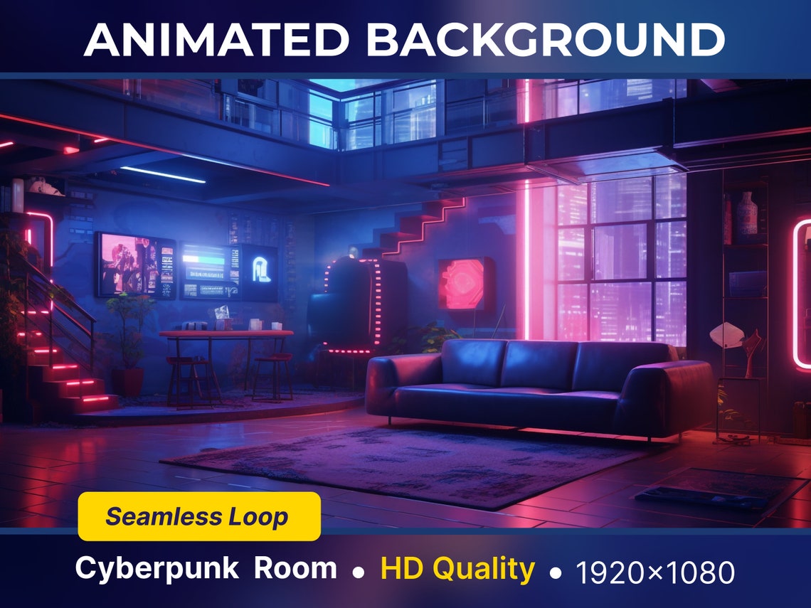 Animated Virtual Background Stream Screen Cyberpunk Living Room Looped ...