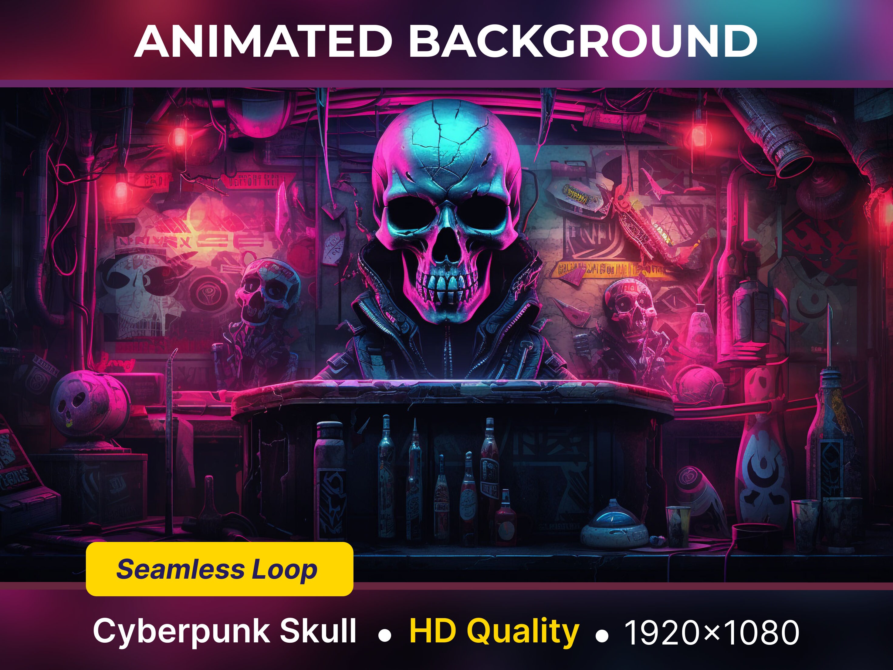 Animated Virtual Background Cyberpunk Skull Looped Vtuber - Etsy