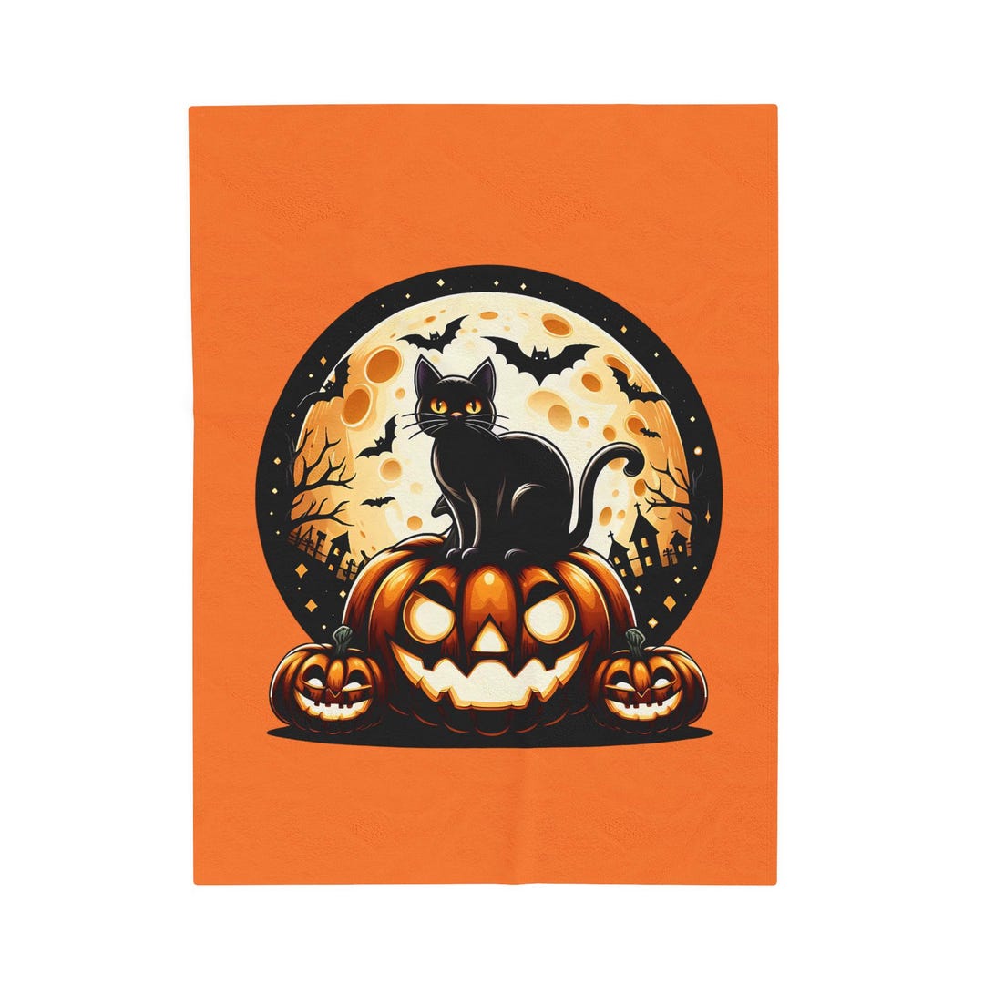 Spooky Black Cat on Jack-o-lantern Plush Blanket Cute Halloween Decor ...