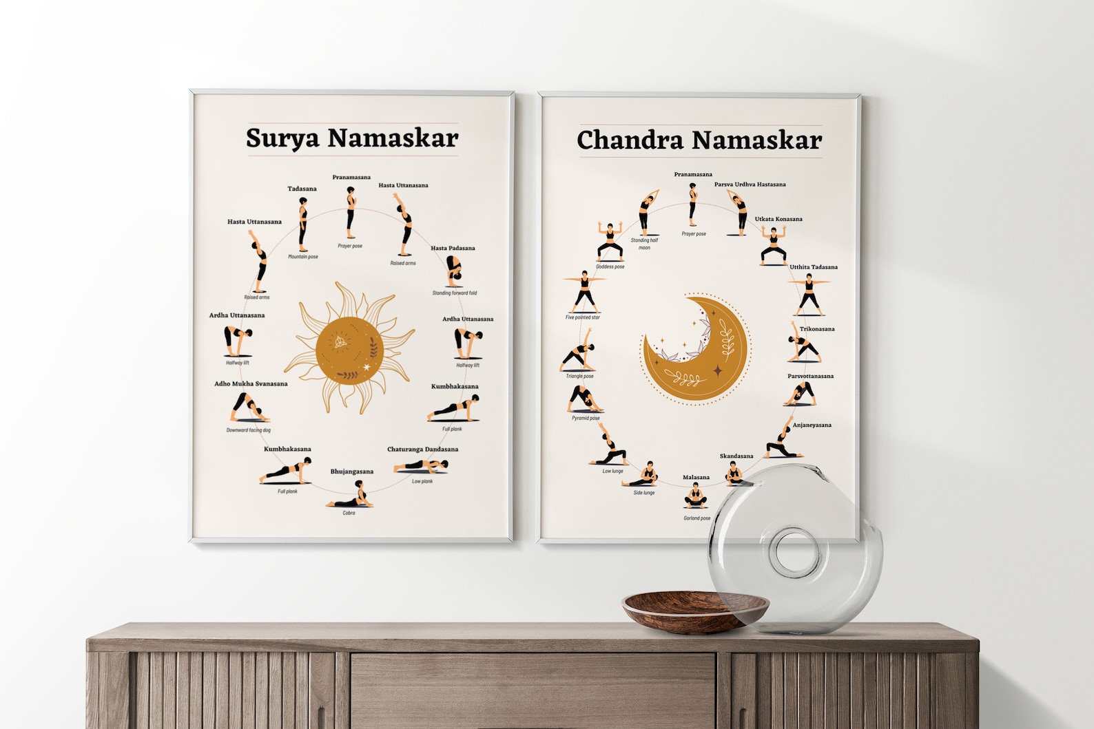 Yoga Poster Sun & Moon Salutation set of 2 Printable Wall Decor Instant ...