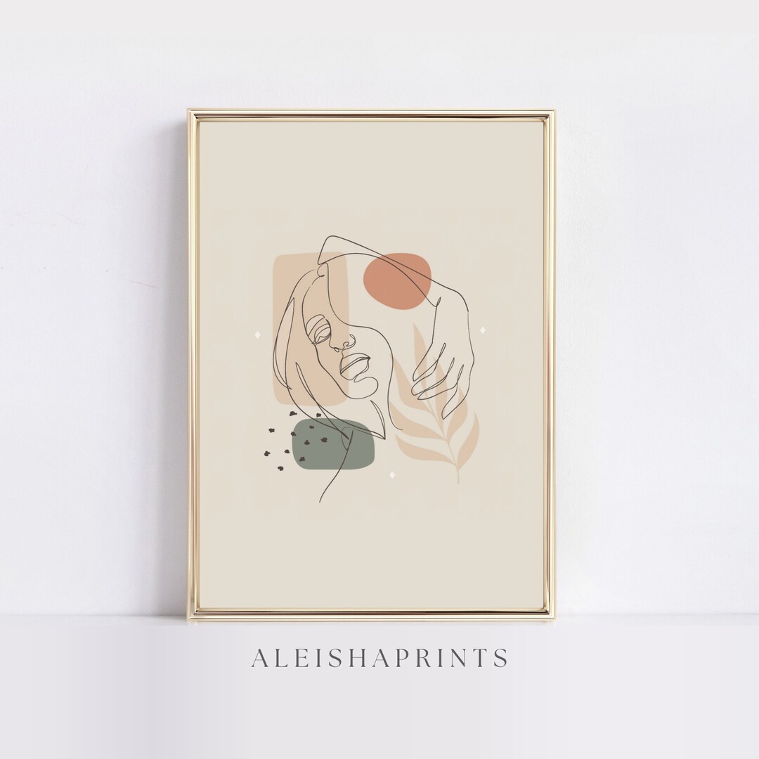 Abstract Boho Print Line Art Woman Face Beige Abstract Line Art Print ...
