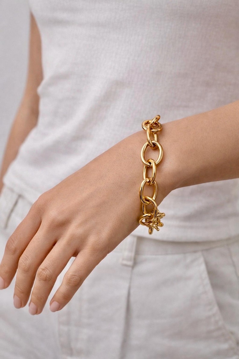 18K Gold Plated Chain Bracelet, Medium Link Gold Bracelet, Minimalist Statement Jewelry - Etsy