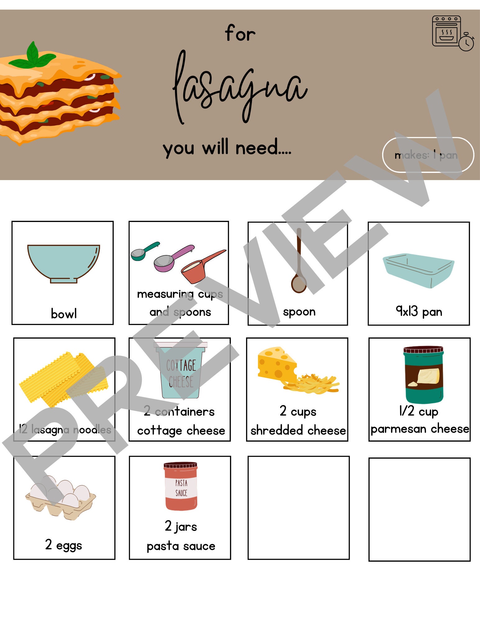 Lasagna Visual Recipe Card, Cooking for Kids, Cook With Mom, Special ...