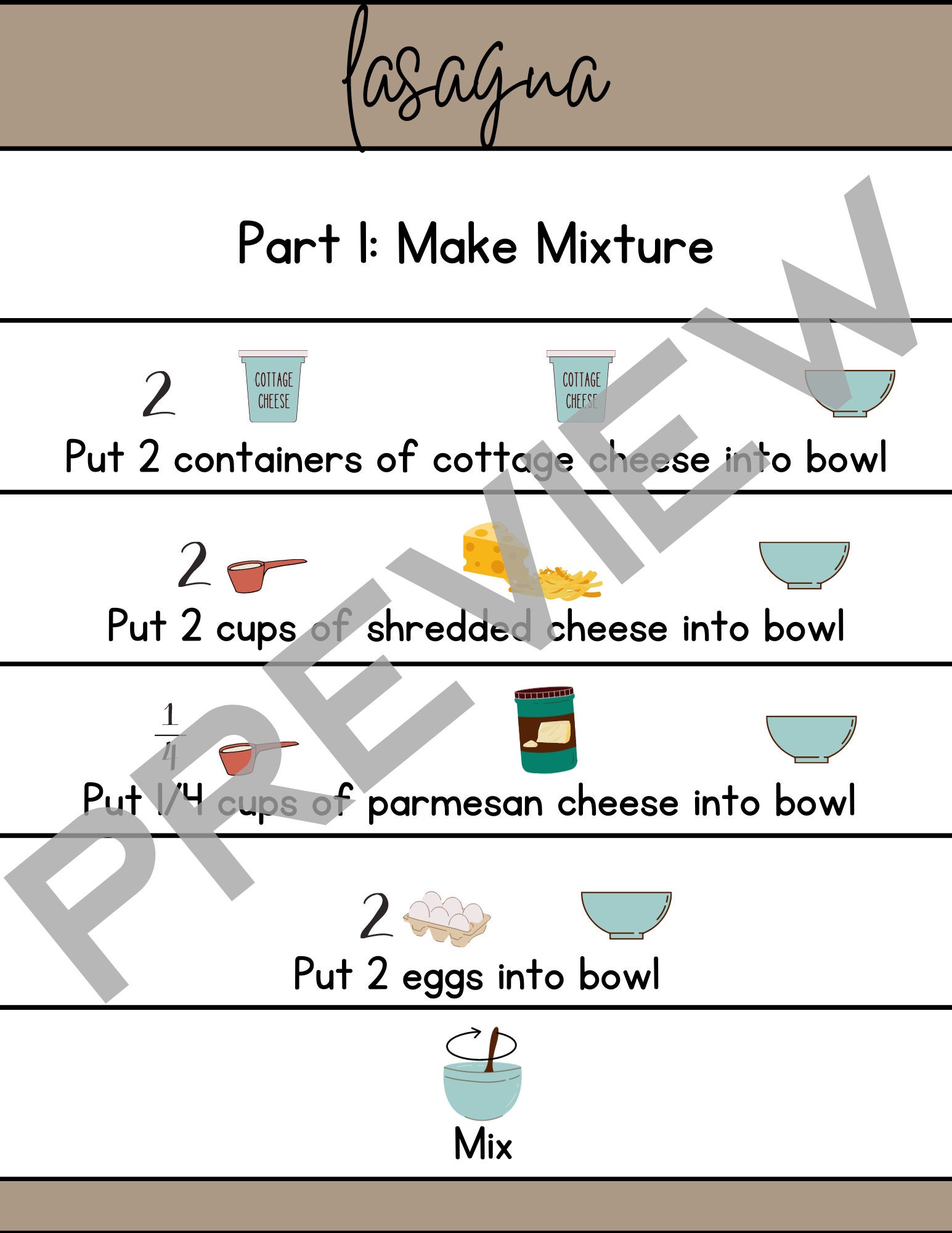 Lasagna Visual Recipe Card, Cooking for Kids, Cook With Mom, Special ...