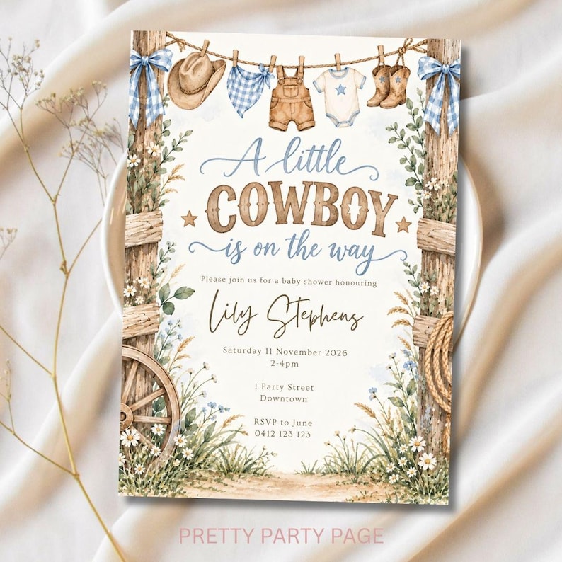Little Cowboy Baby Shower Invitation, Western Boy Theme, Editable Canva ...