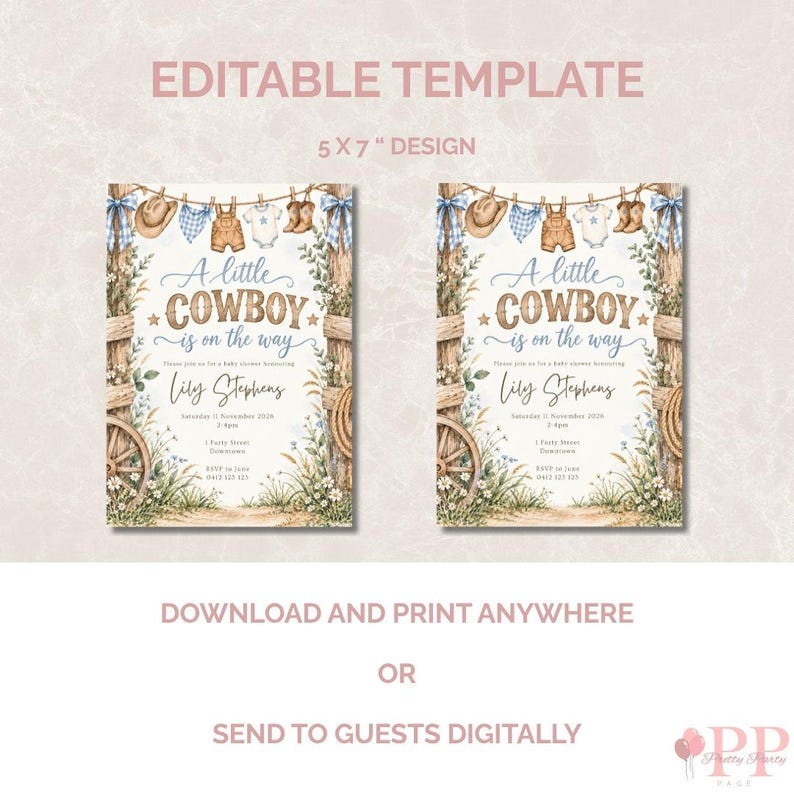 Little Cowboy Baby Shower Invitation, Western Boy Theme, Editable Canva ...