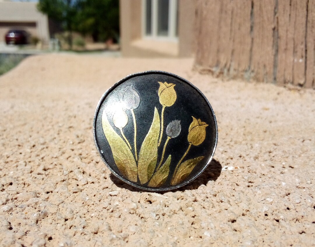 Japanese Sterling Damascene Tulip Brooch/pin Inlaid Gold and Silver ...