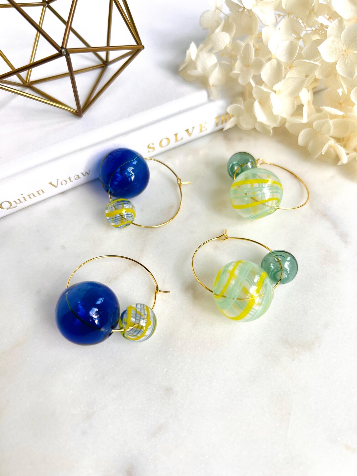 Bubble Earrings Baby Blue- Yellow Marble & Pale Aqua Blowing Glass - Etsy