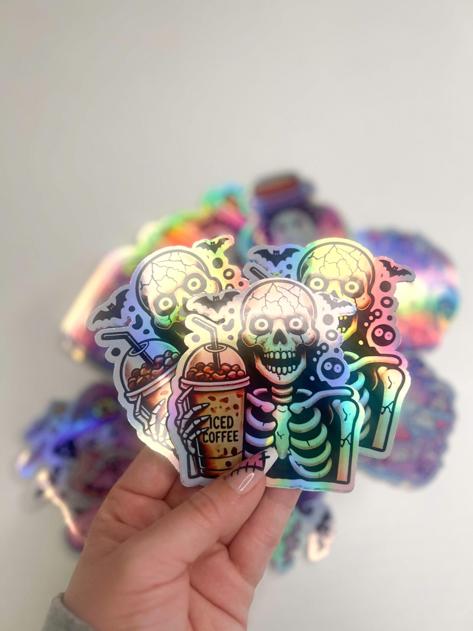 Skeleton Iced Coffee Holographic Sticker Spooky Iced Coffee Sticker for ...