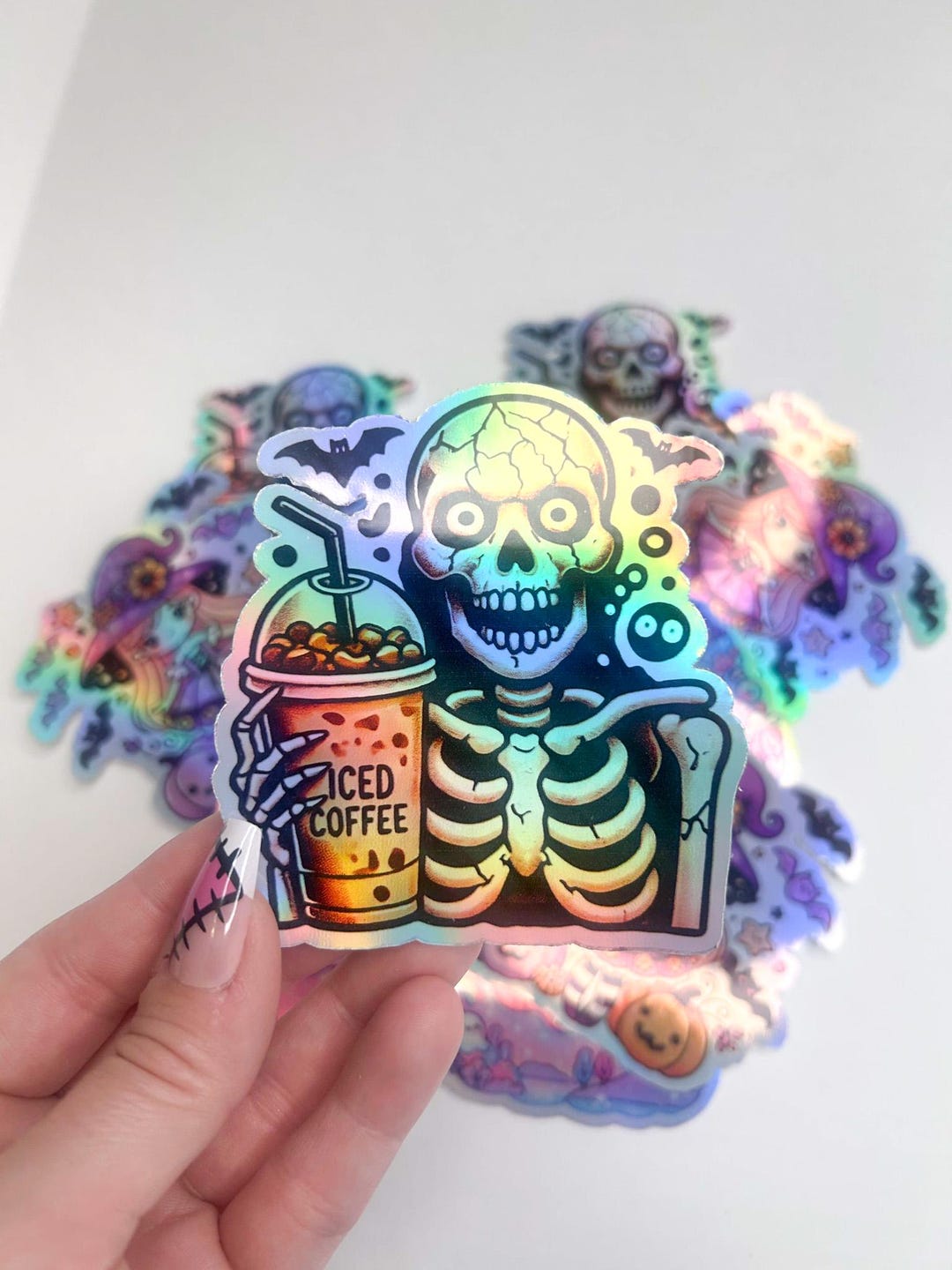 Skeleton Iced Coffee Holographic Sticker Spooky Iced Coffee Sticker for ...