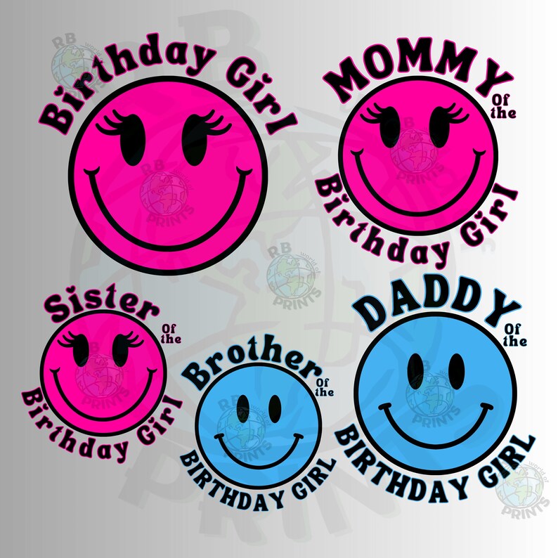 Smiley Birthday PNG. Family Matching Retro Face. Pink and Blue Design ...