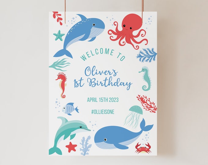 Under the Sea Party Welcome Sign | Ocean Sea Animals First Welcome ...