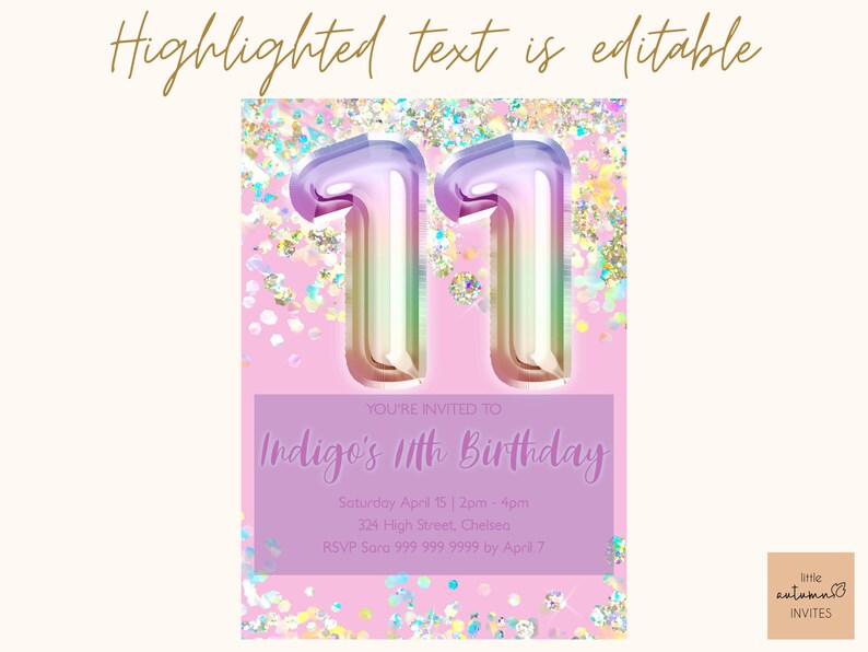 11th Birthday Invitation for Girl | Girls Rainbow Party Invite Any Age ...