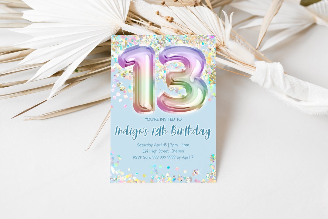 13th Birthday Invitation for Girl | Girls Rainbow Party Invite Any Age ...