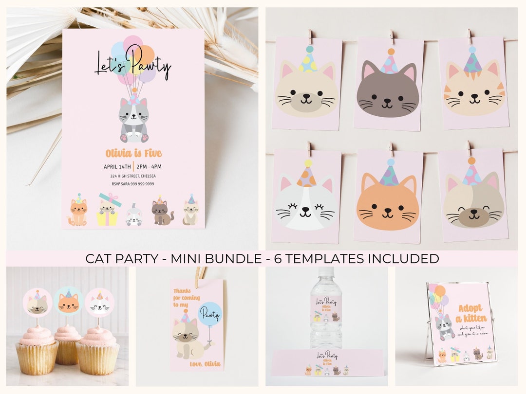 Cat Birthday Party Invitation Bundle | Editable Cat Invite and ...