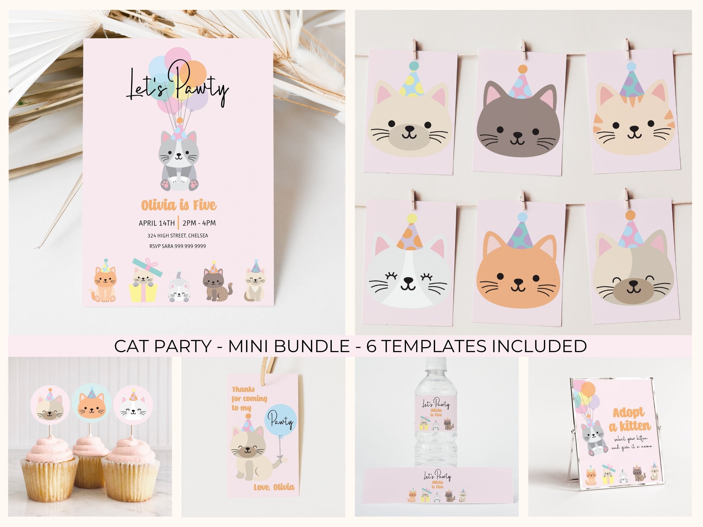 Cat Birthday Party Invitation Bundle Editable Cat Invite and Decoration ...