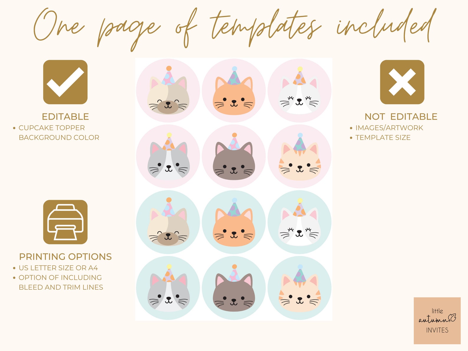 Cat Birthday Party Cupcake Toppers Kitten Cupcake Decorations Editable ...