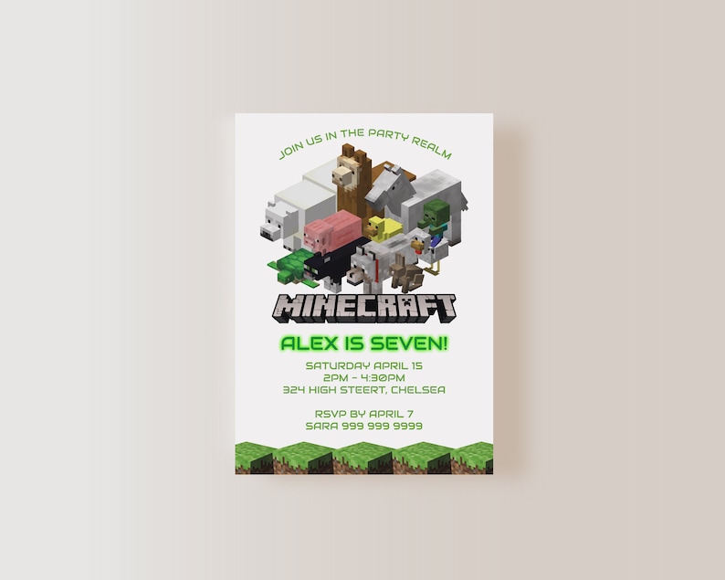 Minecraft Party Invitation Minimalist Minecraft Animal Birthday Invite ...