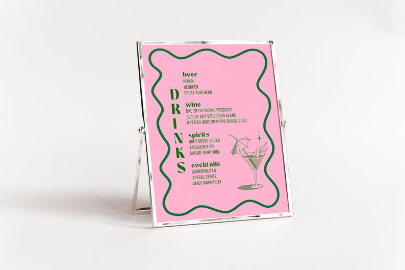 Editable Bar Drinks Menu for Birthday | Cocktail Party Wine List ...