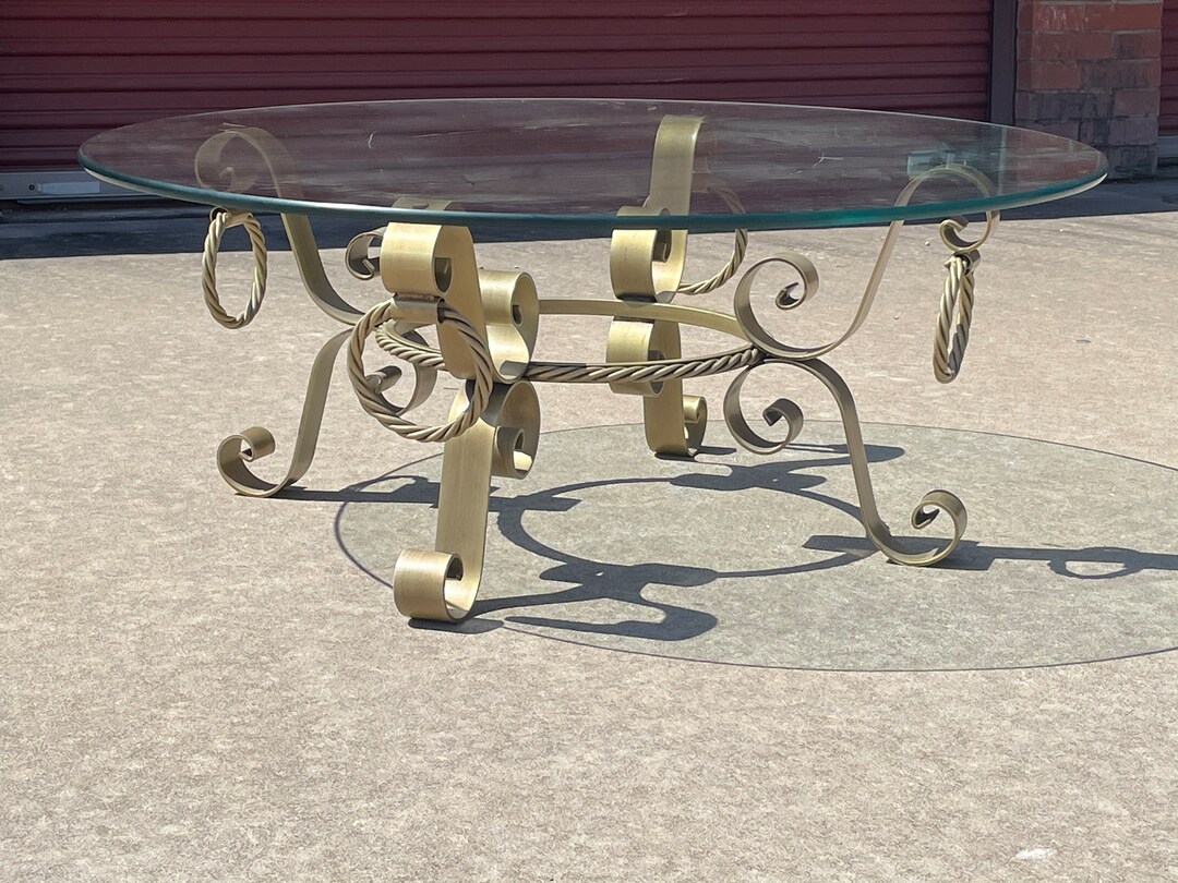 Hollywood Regency Coffee Table Scroll Gold Ornate Door Knocker Glass ...